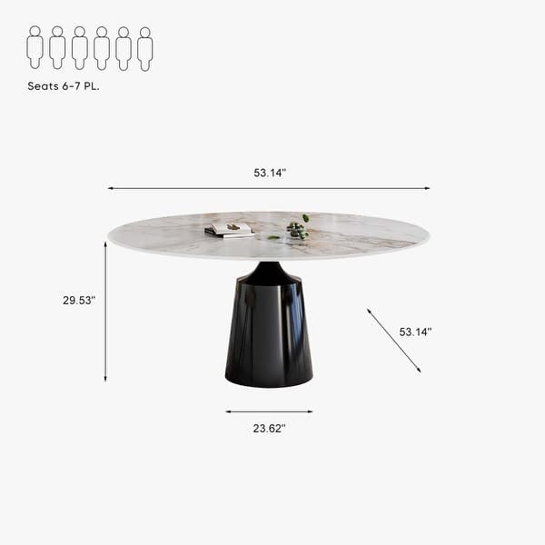 53"Modern Round Pedestal Dining Table for 4, Glossy Sintered Stone Tabletop, Black Stainless ...